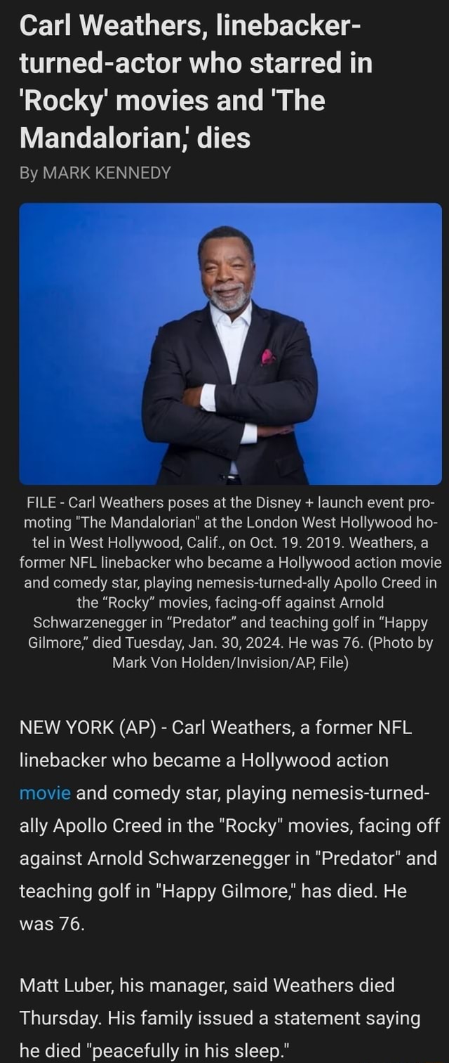 Carl Weathers, linebacker- turned-actor who starred in 'Rocky' movies ...