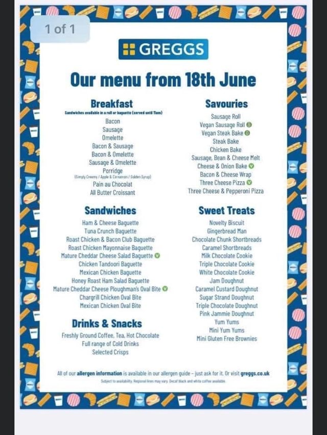 Greggs re open ding date & limited menu. - Our menu from 18th June ...
