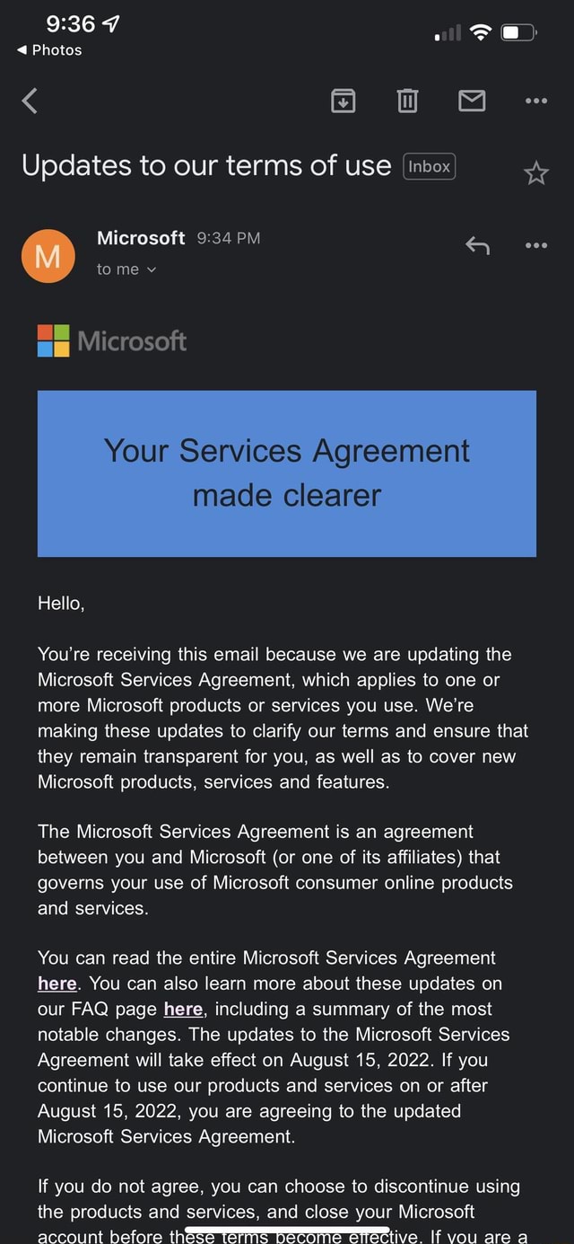 Photos Updates To Our Terms Of Use Inbox Microsoft Pm Tome V Microsoft Your Services Agreement