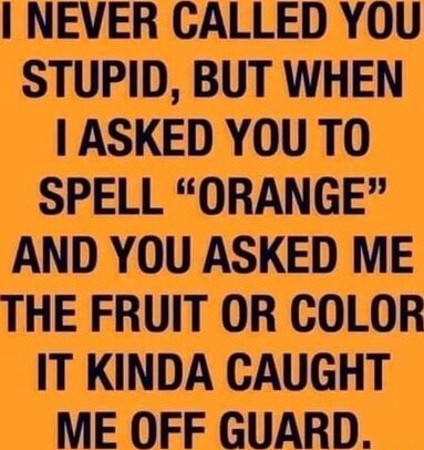 I NEVER CALLED YOU STUPID, BUT WHEN I ASKED YOU TO SPELL "ORANGE" AND ...