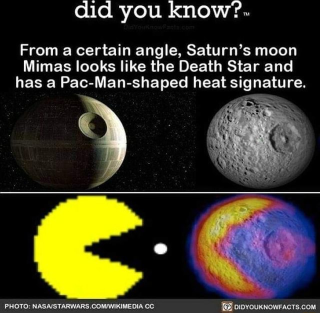 Did you know?. From a certain angle, Saturn's moon Mimas looks like the Death Star and has a Pac ...
