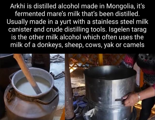 Arkhi is distilled alcohol made in Mongolia, it's fermented mare's milk ...
