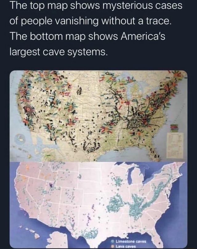 The top map shows mysterious cases of people vanishing without a trace. The bottom map shows ...