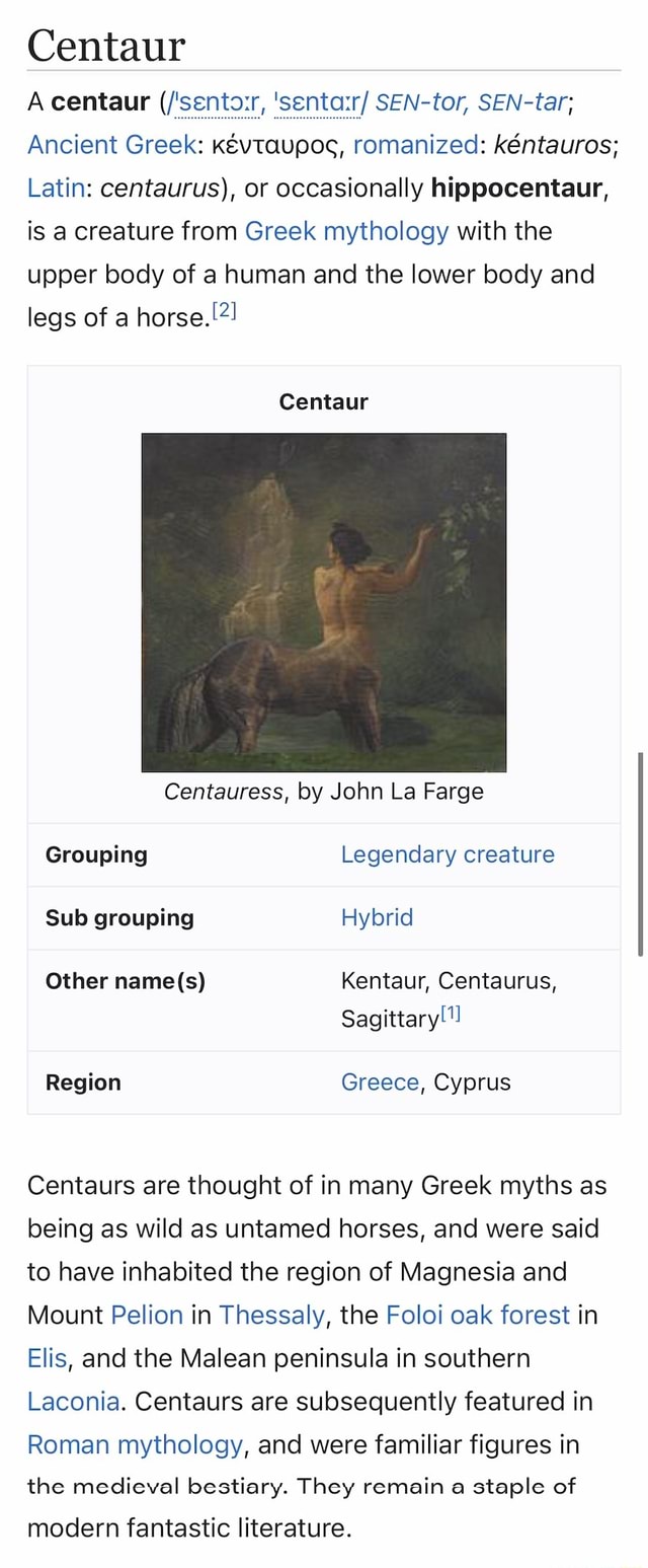 Centaur A centaur SEN-tor, SEN-tar; Ancient Greek: kvtaupoc, romanized ...