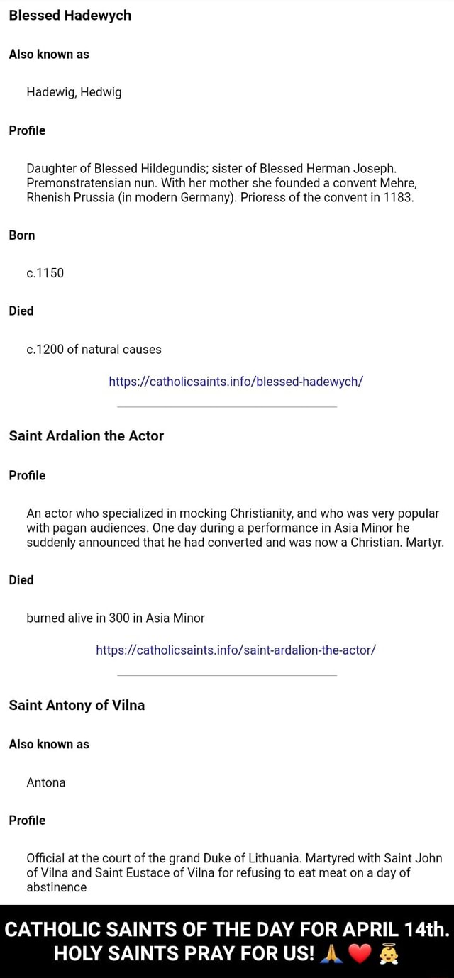 Blessed Hadewych Also known as Hadewig, Hedwig Profile Daughter of Blessed Hildegundis; sister ...