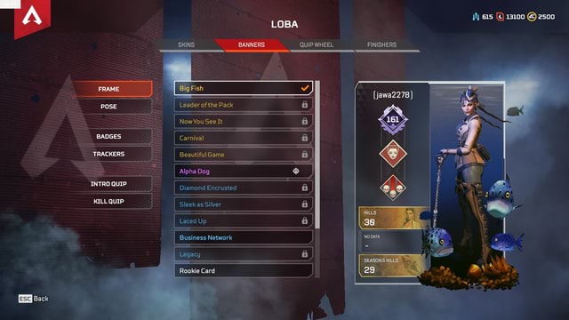 615 13100 @ 2500 LOBA SKINS BANNERS QUIP WHEEL FINISHERS Big Fish FRAME ...