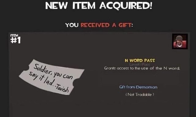 NEW ITEM ACQUIRED! YOU RECEIVED A GIFT: #1 N WORD PASS Grants access to ...