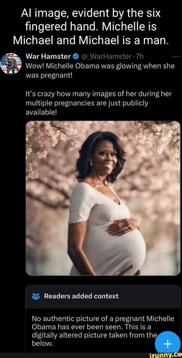 Al image, evident by the six fingered hand. Michelle is Michael and ...