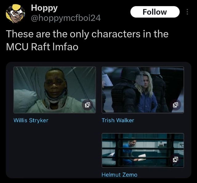 Hoppy These are the only characters in the MCU Raft Imfao Pr I Follow I ...
