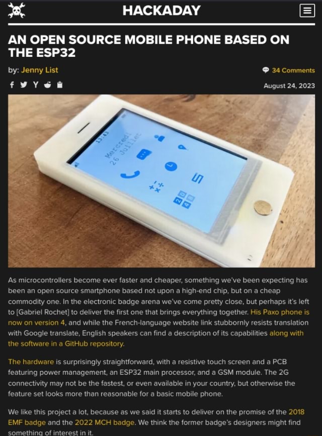 HACKADAY AN OPEN SOURCE MOBILE PHONE BASED ON THE ESP32 by: Jenny List 34 Comments August 24 ...