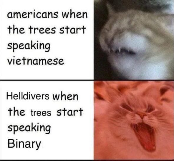 Americans when the trees start speaking vietnamese Helldivers when the trees start speaking ...