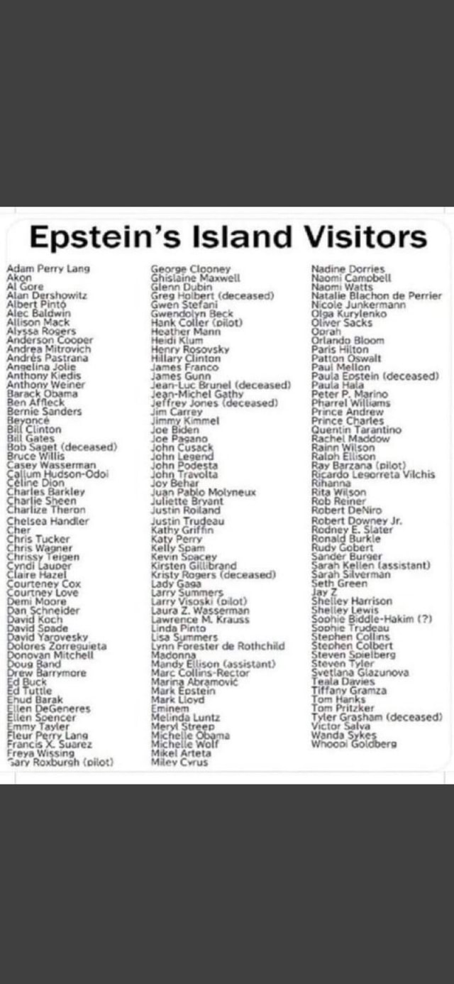 Epstein's Island Visitors Adam Perry Lang Akon Al Gore Alan Dershowitz ...