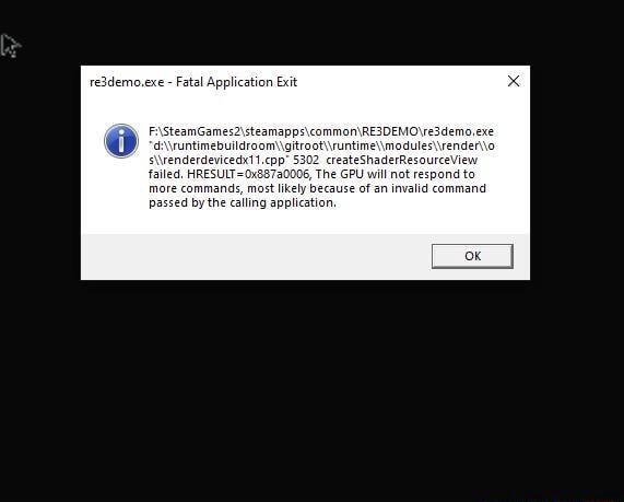 Fatal Application Exit ':\\runtimebuildroom\\gitroot\\runtime\\modules\\renden 5 failed, HRESUD ...
