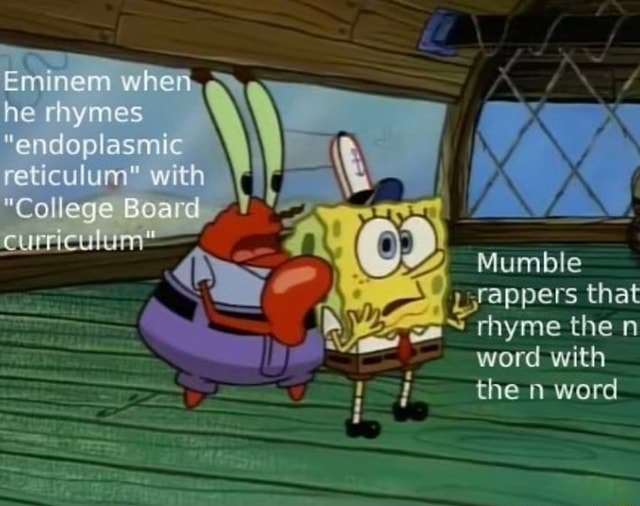Eminem when he rhymes \ "endoplasmic reticulum" with "College Board ...