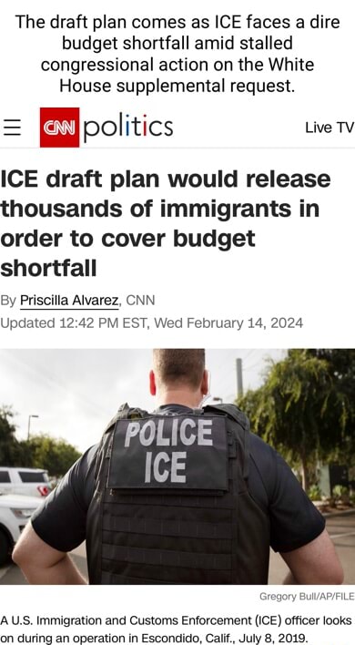 The draft plan comes as ICE faces a dire budget shortfall amid stalled ...