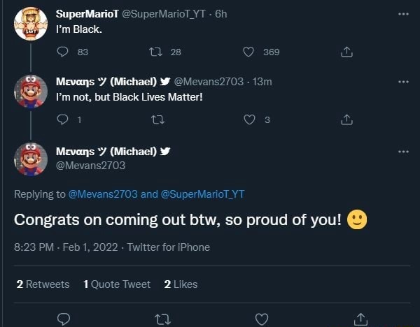 'SuperMariol @SuperMariol YT - I'm Black. Mevans (Michael) @Mevans2703 ...