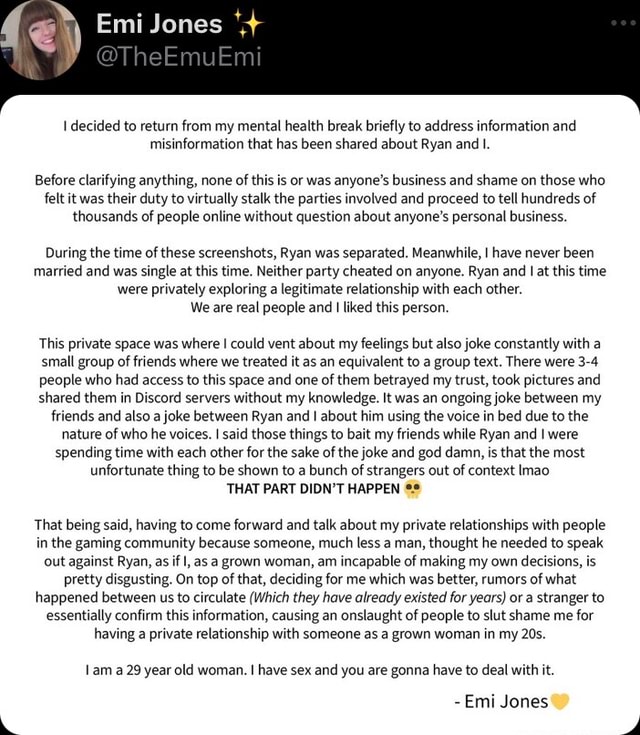 Emi Jones * @TheEmuEmi I decided to return from my mental health break ...