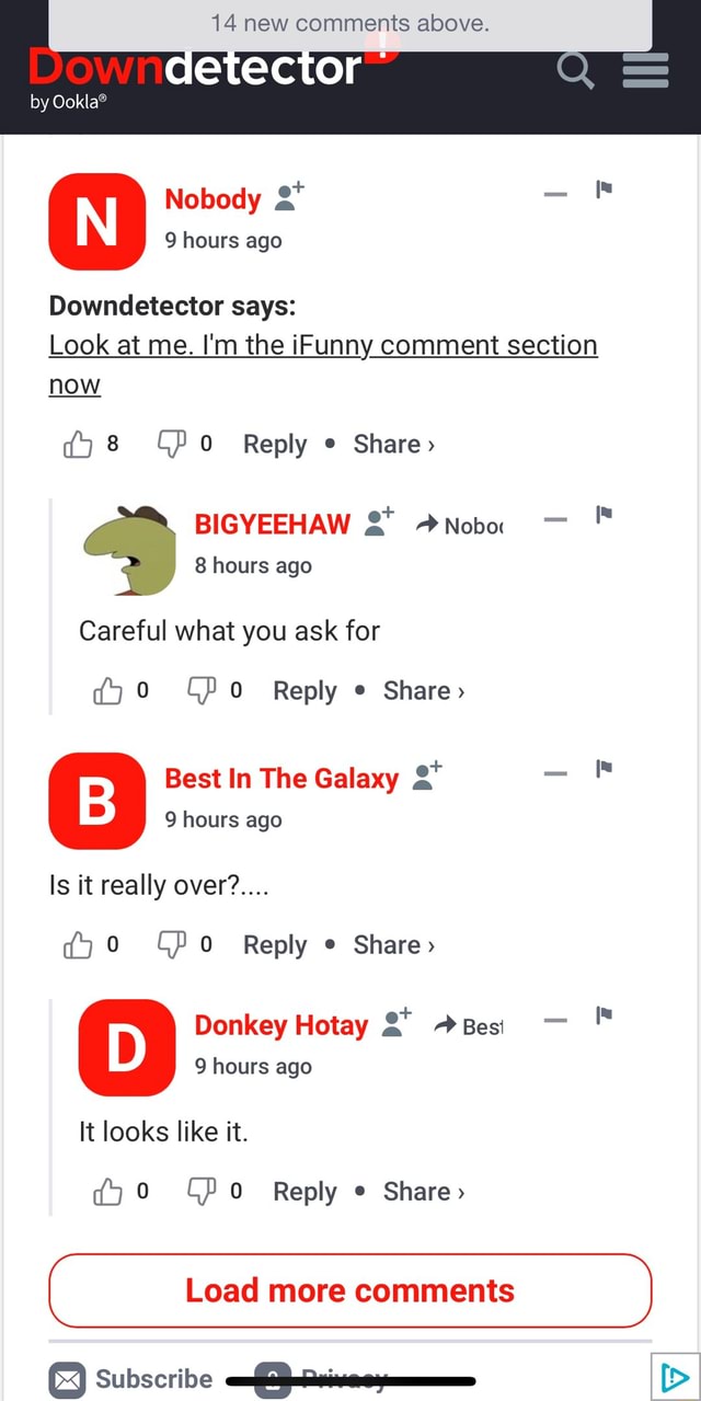 14 new comments above. detector by Nobody 9 hours ago Downdetector says: Look at me. I'm the ...