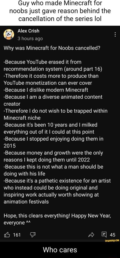Guy who made Minecraft for noobs just gave reason behind the cancellation of the series let Alex ...