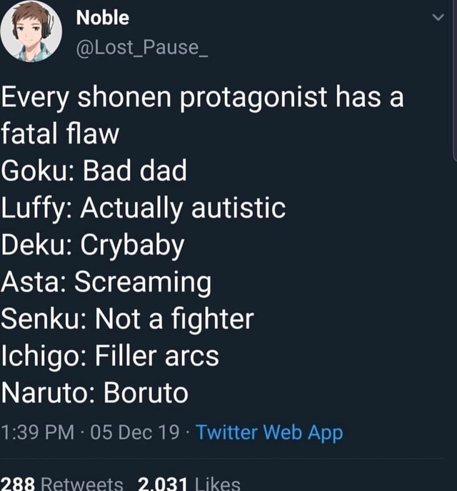 Noble Every shonen protagonist has a fatal flaw Goku: Bad dad Luffy ...