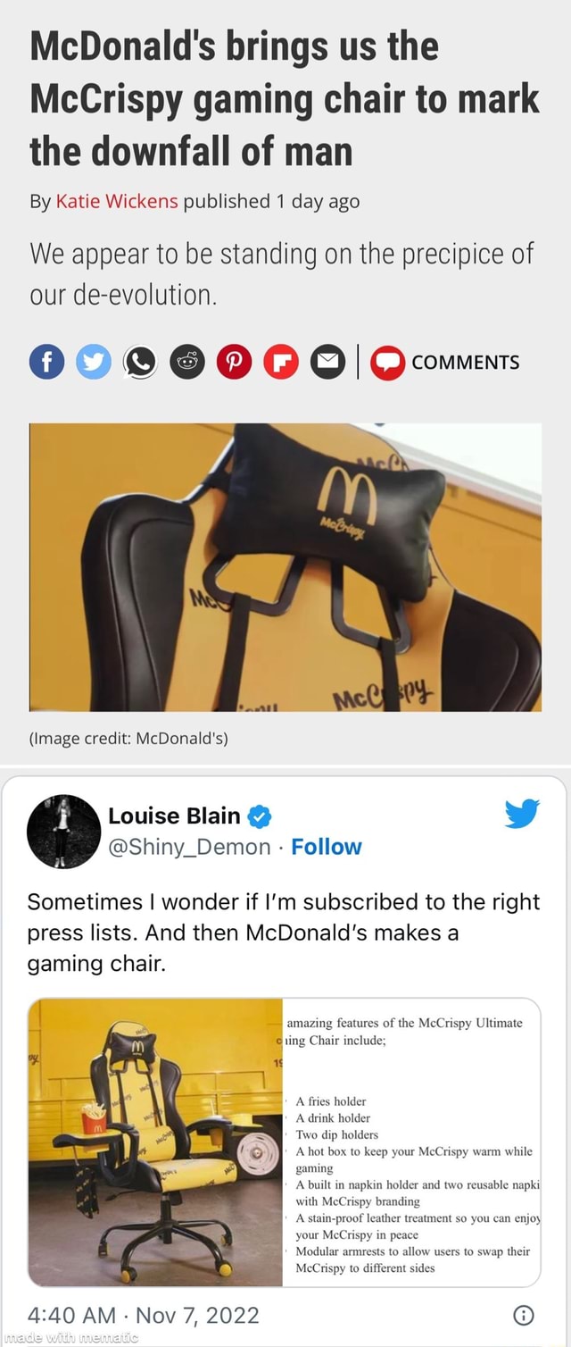 McDonald's brings us the McCrispy gaming chair to mark the downfall of ...
