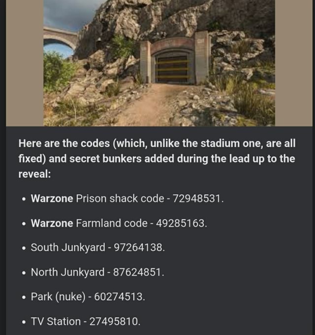 Here are the codes (which, unlike the stadium one, are all fixed) and ...