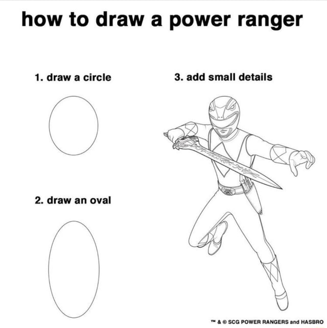 How to draw a power ranger 1. draw a circle O 2. draw an oval 3. add ...