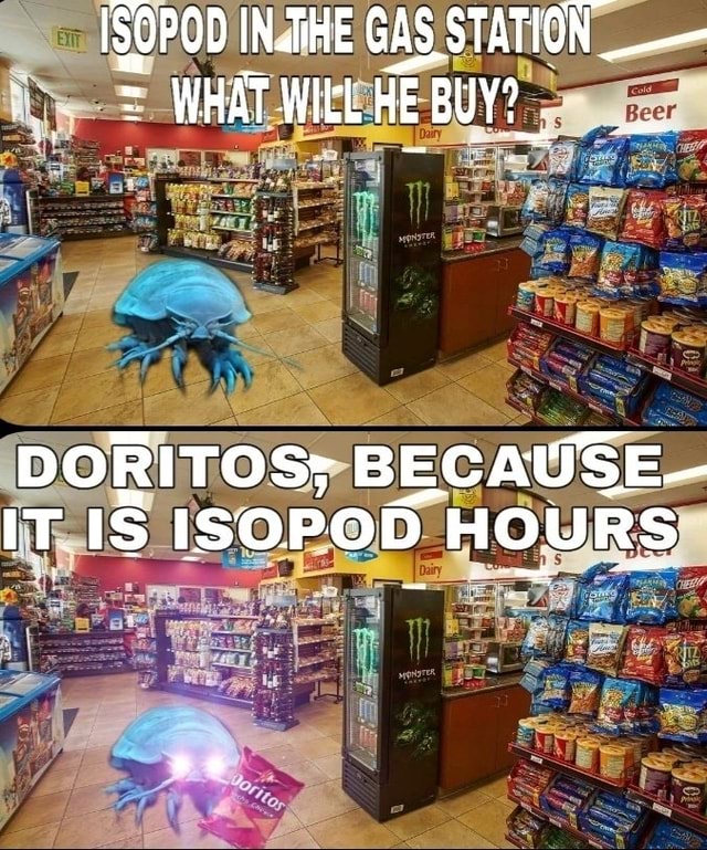 ISOPOD IN.THE GAS STATION WHAT WIKL HE HEBUY? DORITOS; BECAUSE- IT is ...