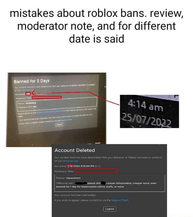Mistakes about roblox bans. review, moderator note, and for different ...