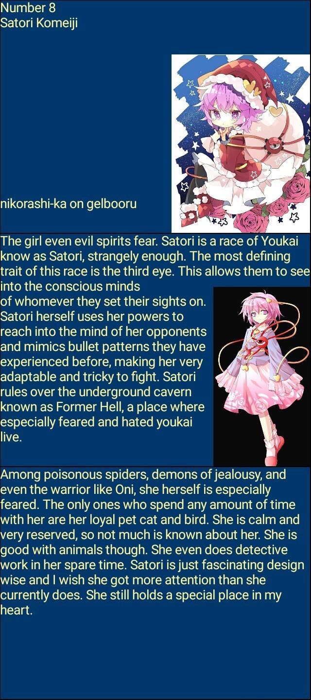Number 8 Satori Komeiji The girl even evil spirits fear. Satori is a ...