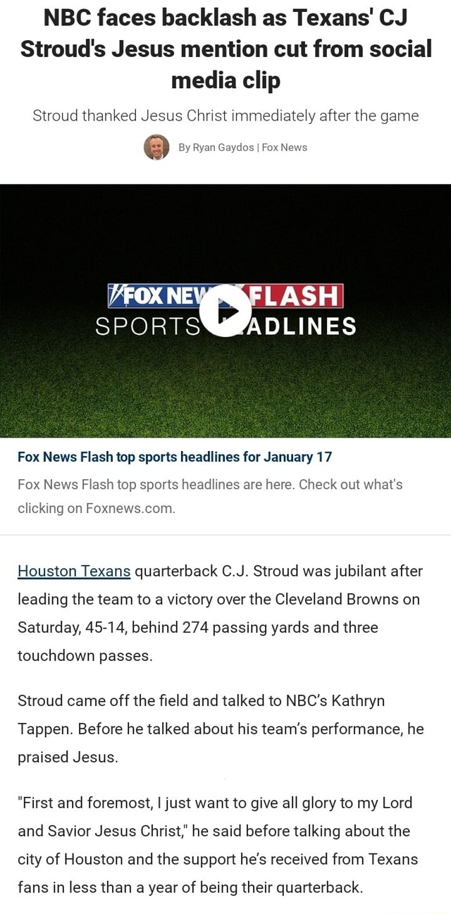 NBC faces backlash as Texans' CJ Stroud's Jesus mention cut from social ...