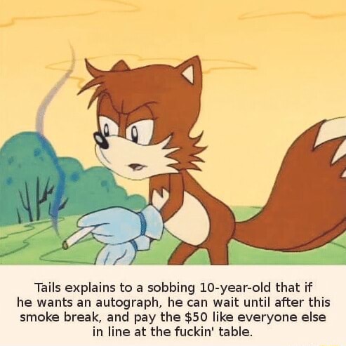 Tails explains to a sobbing 10-year-old that if he wants an autograph ...