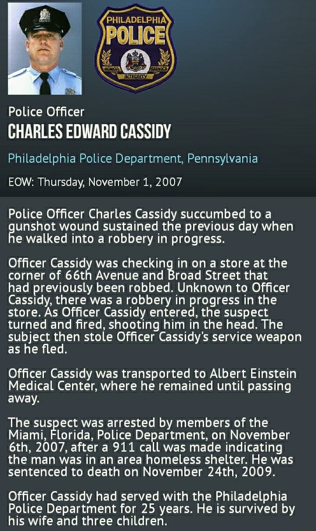 Police Officer PHILADELPHIA CHARLES EDWARD CASSIDY Philadelphia Police ...
