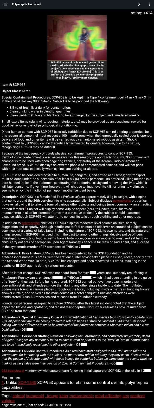 Special Containment Procedures: SCP-953 is to be kept in a Type 4 ...