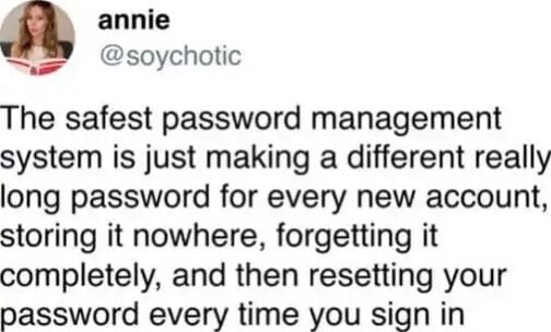 Annie = @soychotic The safest password management system is just making ...