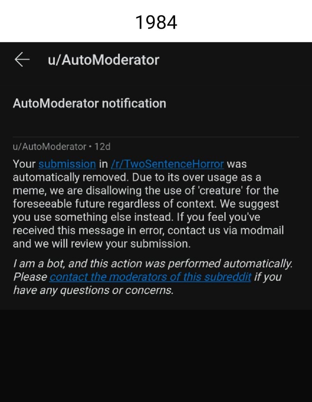 1984 AutoModerator notification Your submission in vS en was automatically removed. Due to its ...