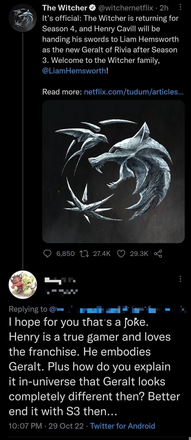 The Witcher @ @witchernetflix It's official: The Witcher is returning ...