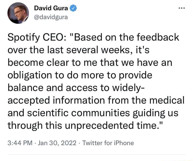 David Gura Spotify CEO: "Based on the feedback over the last several ...