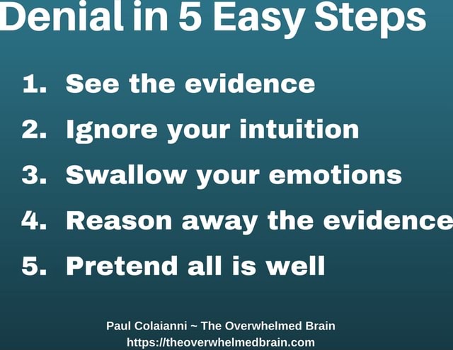 Denial in 5 Easy Steps See the evidence Ignore your intuition 3 ...