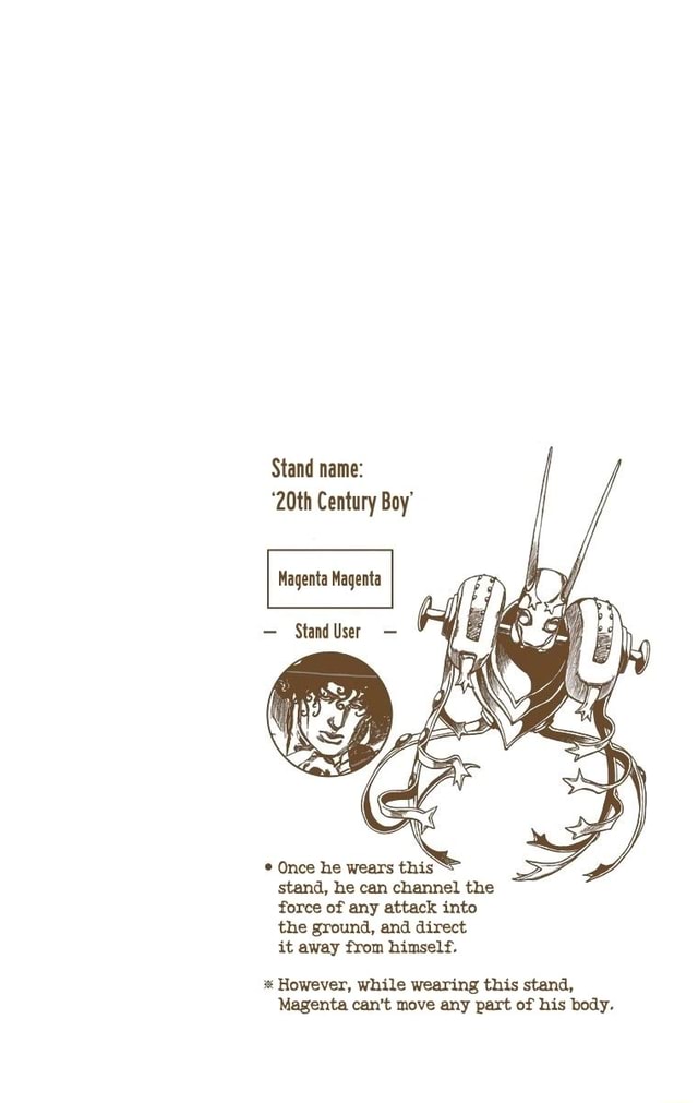 Stand name: '20th Century Boy' - Stand User - Once he wears this stand ...