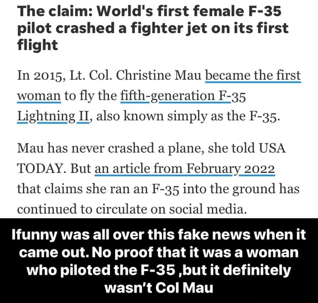 The claim: World's first female F-35 pilot crashed a fighter jet on its ...
