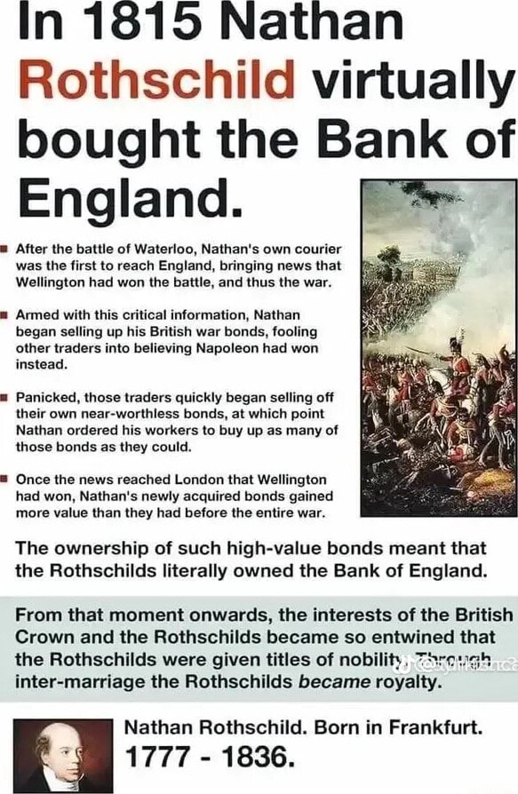 In 1815 Nathan Rothschild virtually bought the Bank of England. After ...