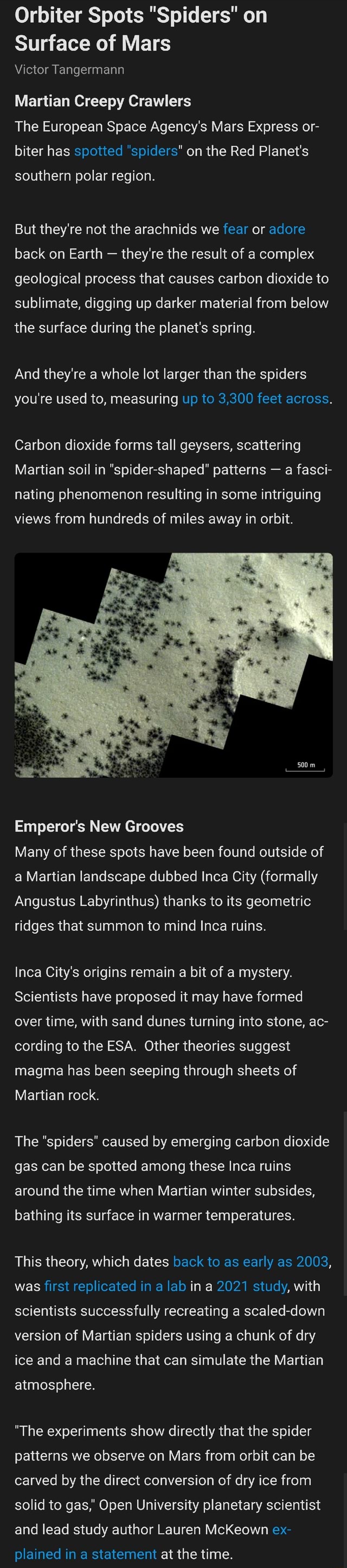 Orbiter Spots "Spiders" on Surface of Mars Victor Tangermann Martian ...