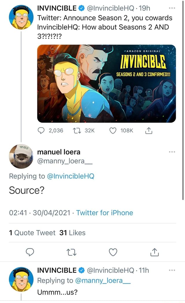 INVINCIBLE @ @InvincibleHQ - Twitter: Announce Season 2, you cowards ...