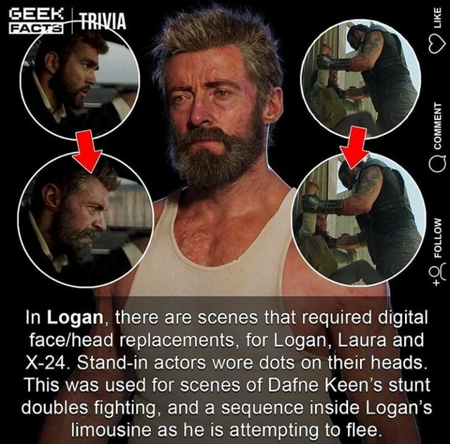 In Logan, there are scenes that required digital face/head replacements ...