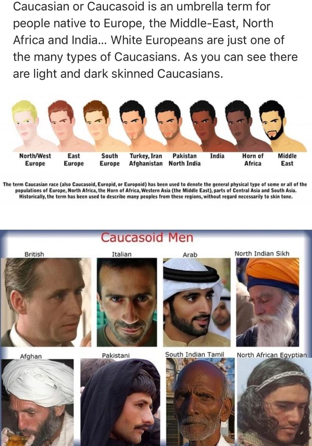 Caucasian or Caucasoid is an umbrella term for people native to Europe ...