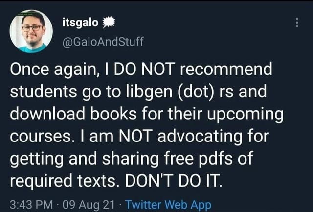 Students beware! - itsgalo Once again, I DO NOT recommend students go to libgen (dot) rs and ...