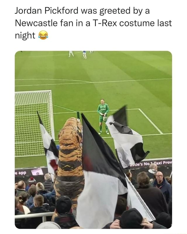 Jordan Pickford was greeted by a Newcastle fan in a T-Rex costume last ...