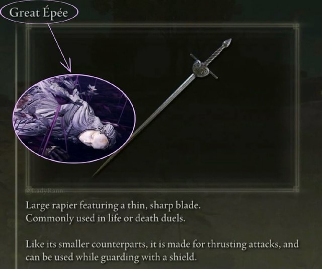 Great Epee Large rapier featuring a thin, sharp blade. Commonly used in ...