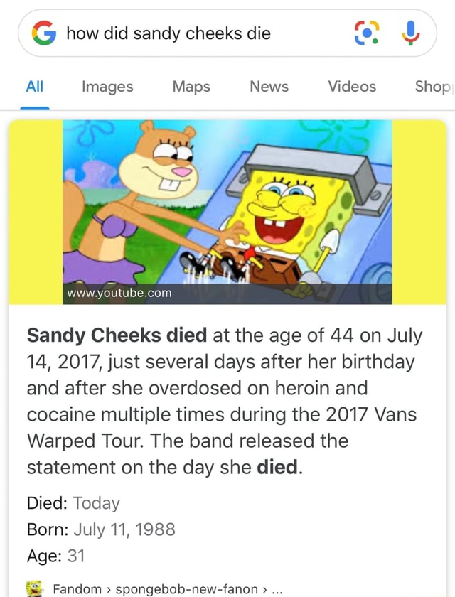 Sandy Cheeks died at the age of 44 on July 14, 2017, just several days ...